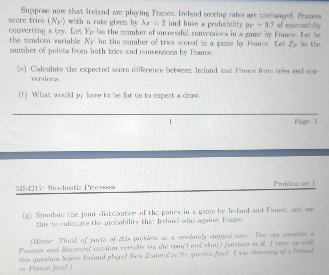 Question 1 - Rugby world cup final In rugby, the | Chegg.com