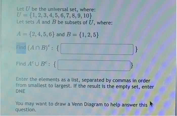 Solved U={1,2,3,4,5,6,7,8,9,10} Let sets A and B be subsets | Chegg.com