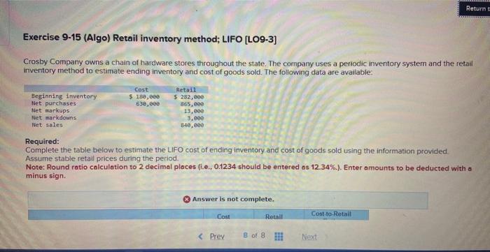 Solved Exercise 9-15 (Algo) Retail inventory method; LIFO | Chegg.com