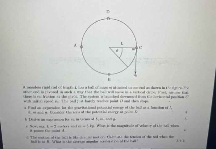 Solved A massless rigid rod of length L has a ball of mass m | Chegg.com