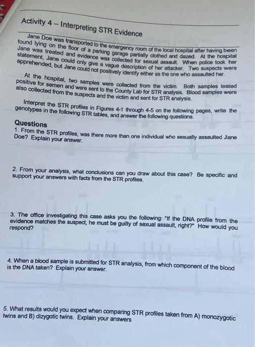 Solved Activity 4 - Interpreting STR Evidence Jane Doe was | Chegg.com
