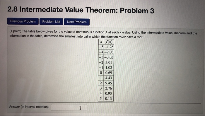 Solved 2.8 Intermediate Value Theorem: Problem 3 Previous | Chegg.com
