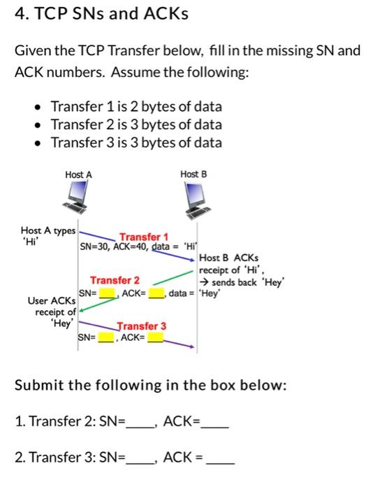 Solved 4. TCP SNs and ACKs Given the TCP Transfer below, | Chegg.com