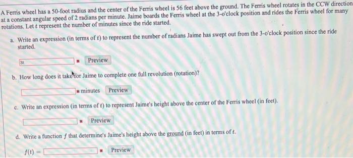 Solved A Ferris wheel has a 50 -foot radius and the center | Chegg.com