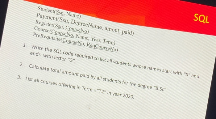 Solved SQL Student(Ssn, Name) Payment(Ssn, DegreeName, | Chegg.com