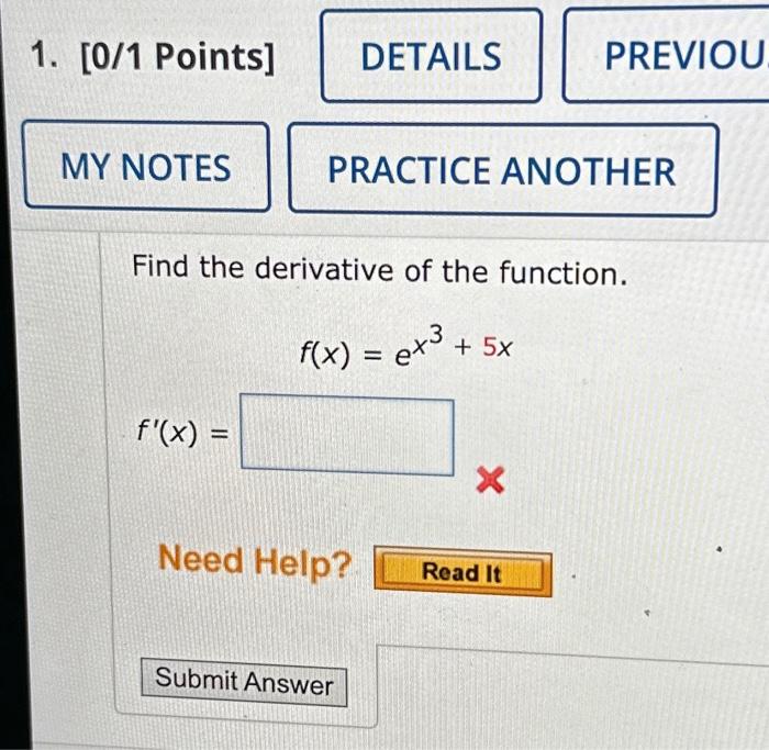 Solved Find the derivative of the function. f(x)=ex3+5x | Chegg.com