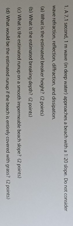 Solved A 7.1 ﻿second, 1m ﻿wave (in deep water) ﻿approaches a | Chegg.com