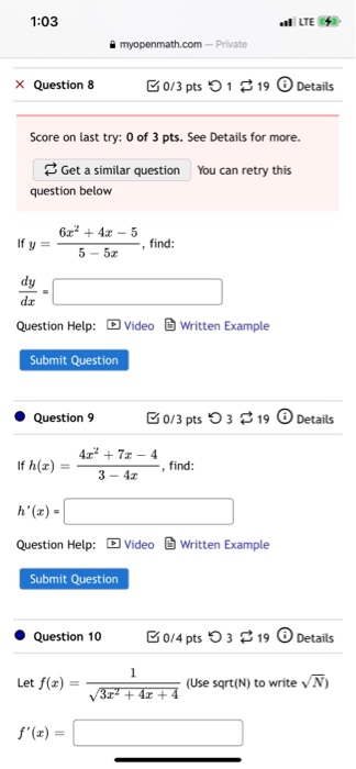 Solved 1:03 • UE myopenmath.com - Private X Question 8 0/3 | Chegg.com