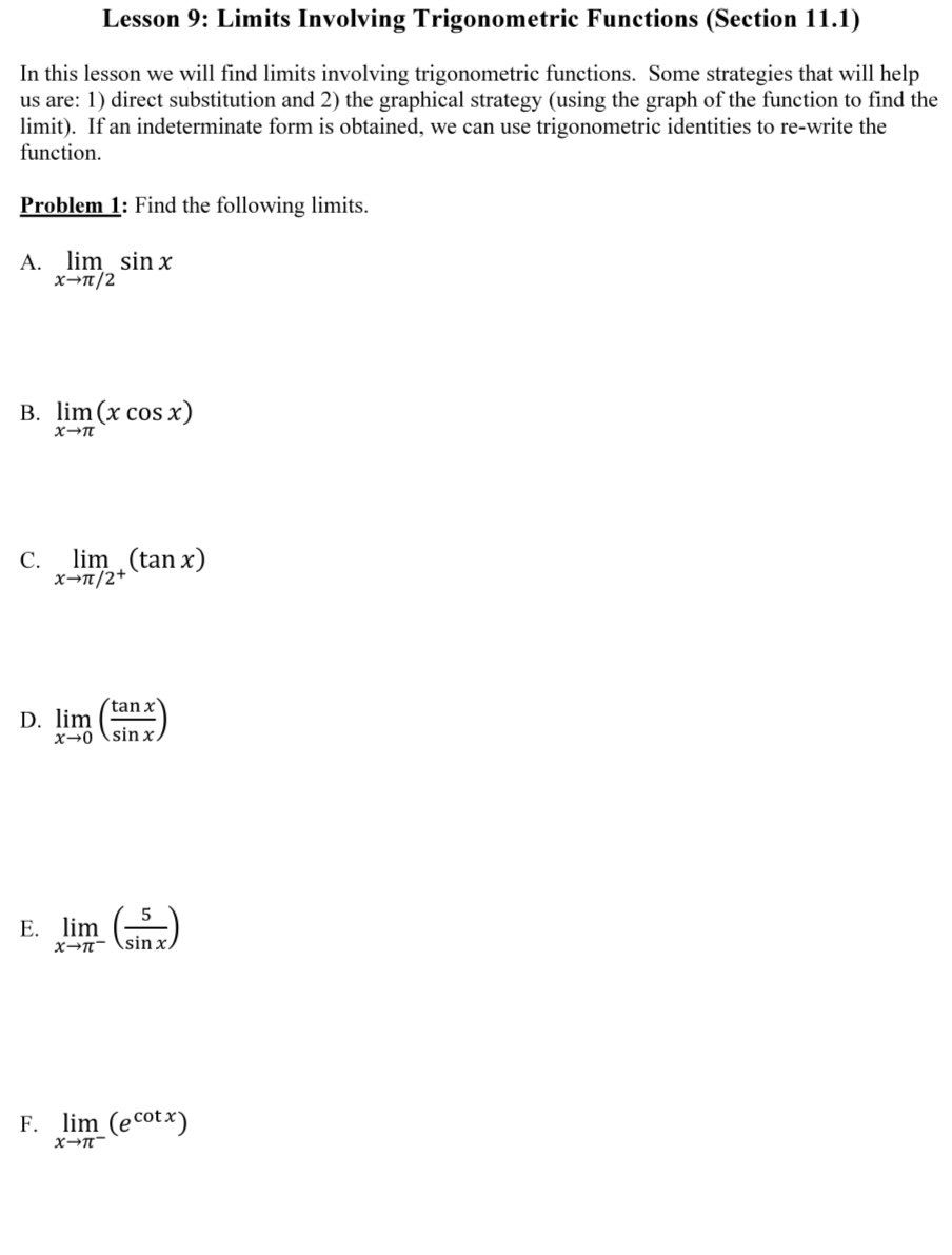 Solved Lesson 9: Limits Involving Trigonometric Functions | Chegg.com