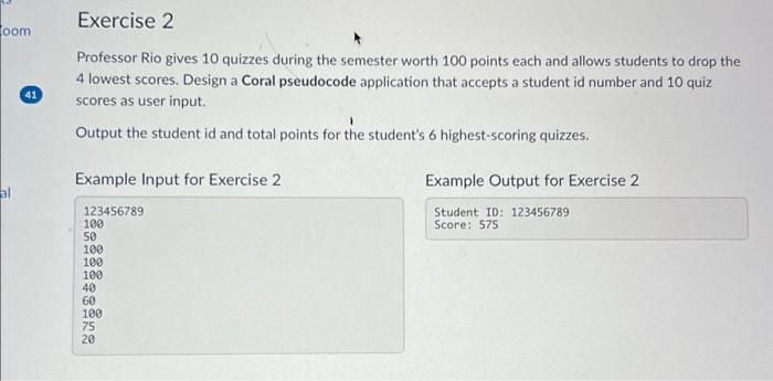 Solved Exercise 2 Professor Rio gives 10 quizzes during the | Chegg.com