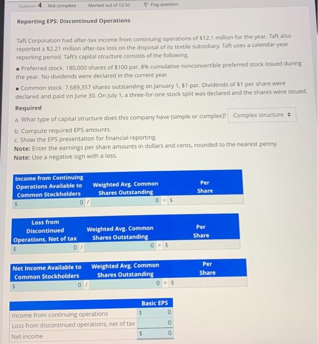Solved Reporting EPS: Discontinued Operations Taft | Chegg.com