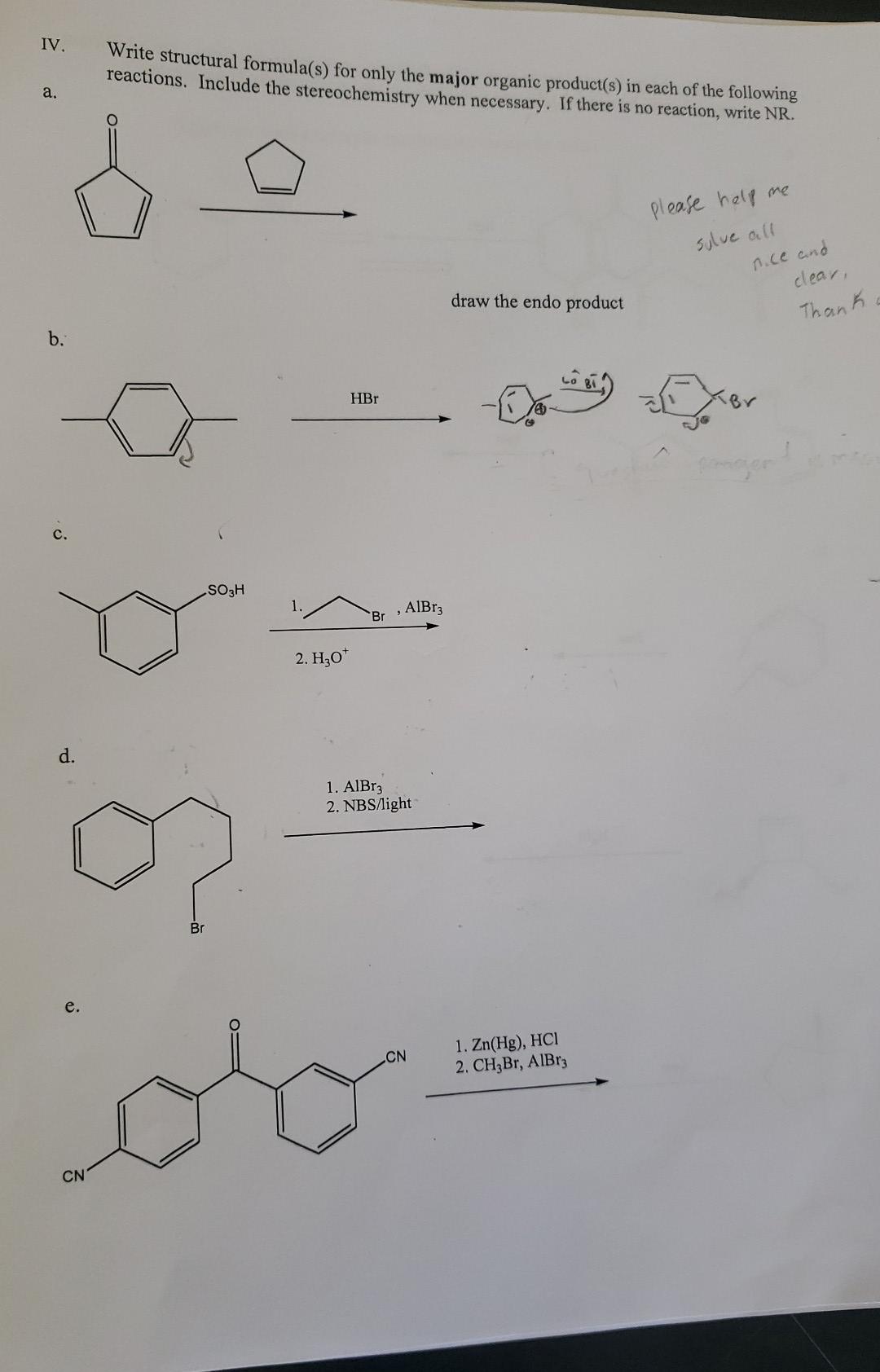 Solved IV. Write structural formula(s) for only the major | Chegg.com