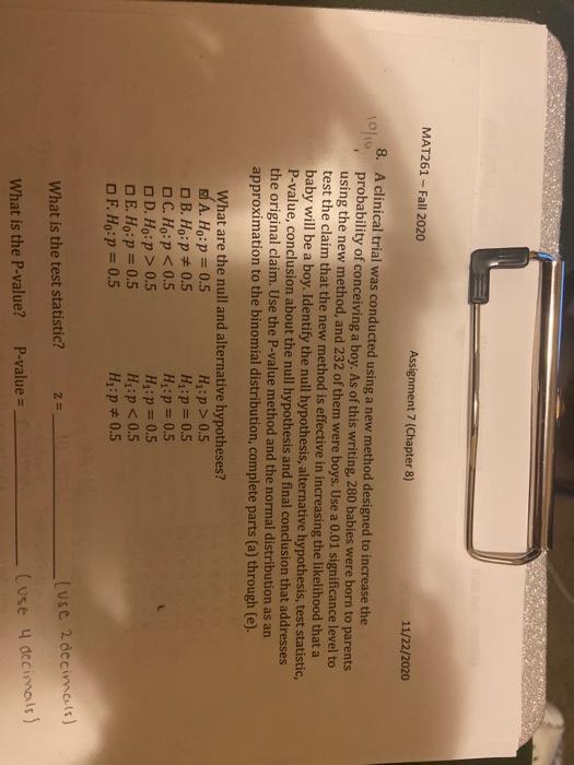 Solved MAT261 - Fall 2020 Assignment 7 (Chapter 8) | Chegg.com