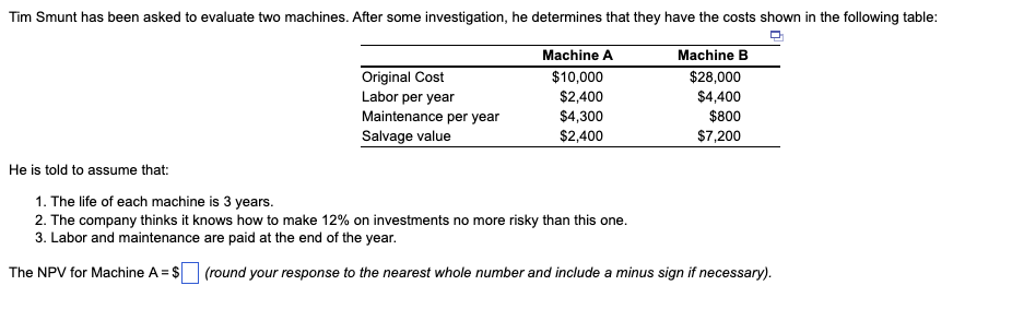 Solved Tim Smunt has been asked to evaluate two machines. | Chegg.com