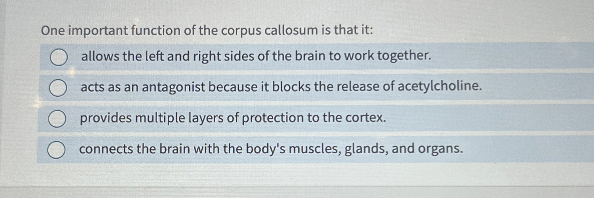 Solved One important function of the corpus callosum is that | Chegg.com