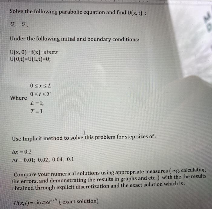 Solved Solve the following parabolic equation and find U(x, | Chegg.com