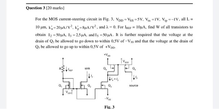 Solved Question 3 [20 marks] For the MOS current-steering | Chegg.com