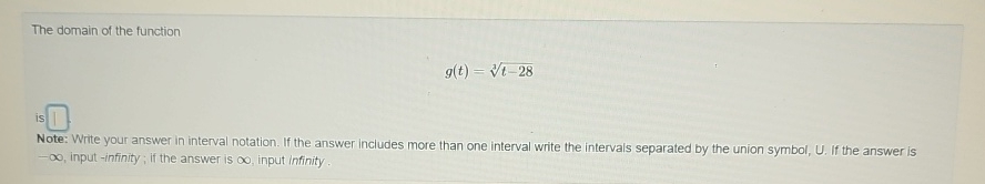 Solved The domain of the functiong(t)=t-283isNote: Write | Chegg.com