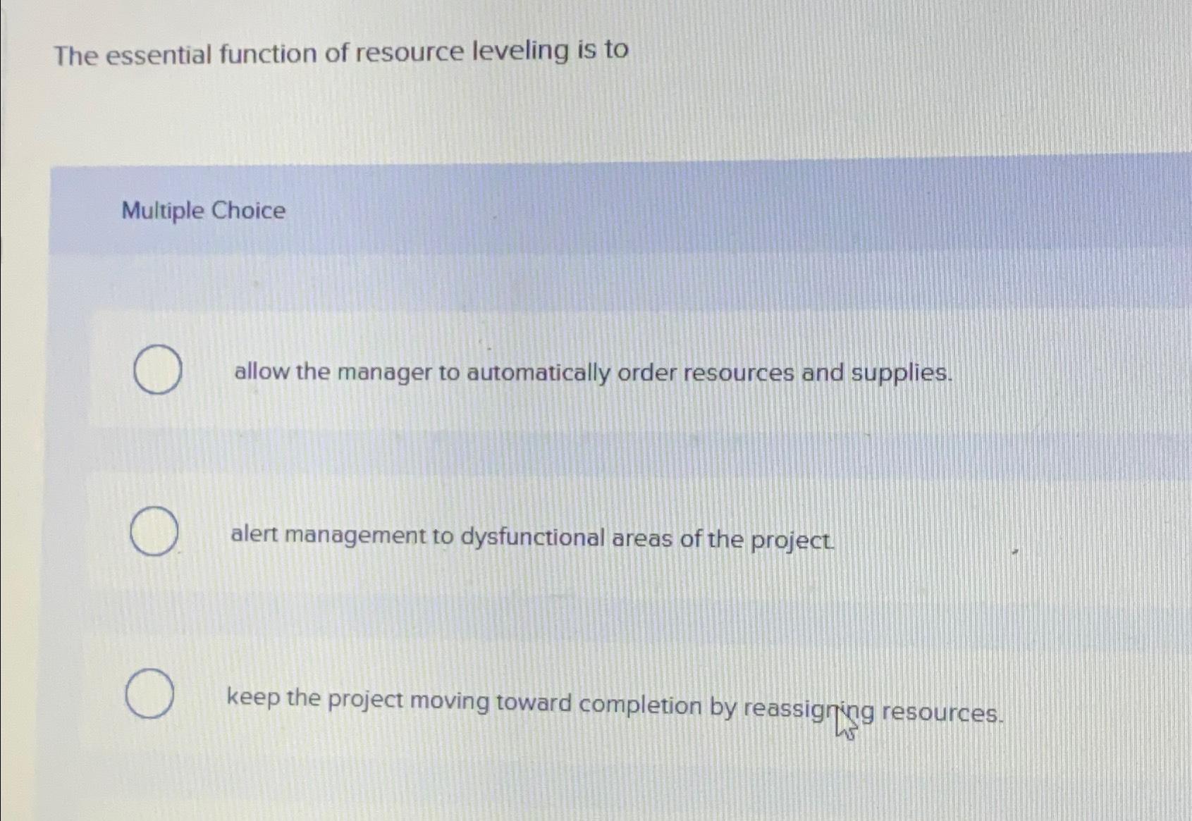 Solved The essential function of resource leveling is | Chegg.com