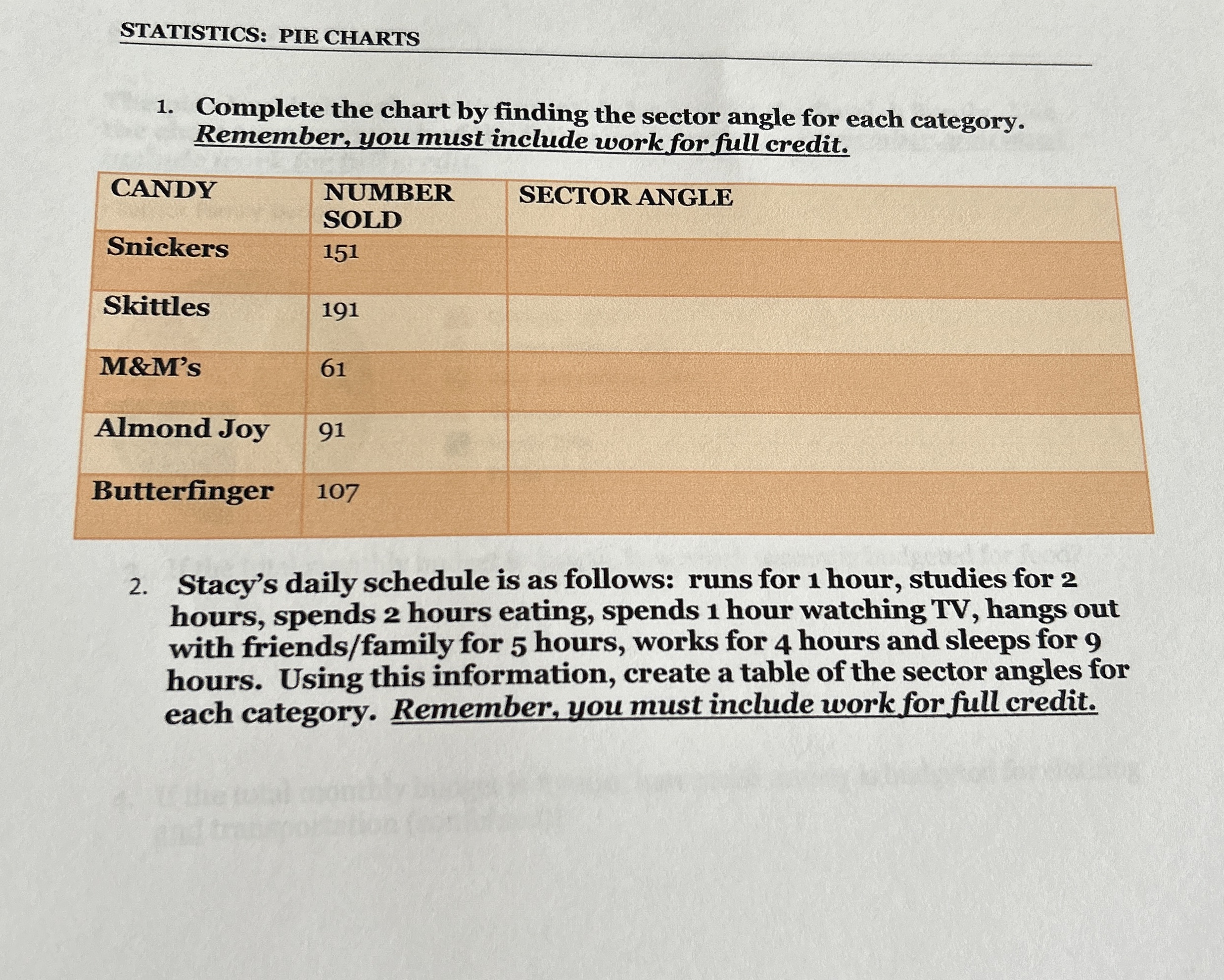Solved STATISTICS: PIE CHARTSComplete the chart by finding | Chegg.com