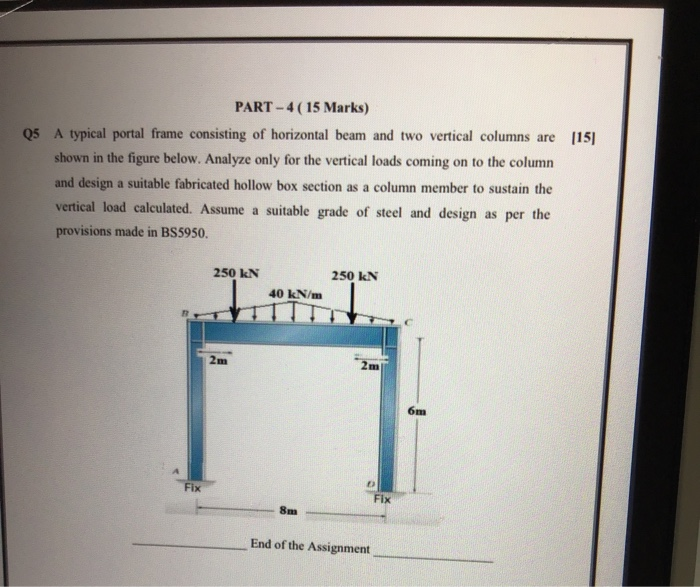 Solved [15] PART-4 ( 15 Marks) Q5 A typical portal frame | Chegg.com
