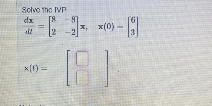 Solved Solve the IVP dtdx=[82−8−2]x,x(0)=[63]x(t)=[ | Chegg.com