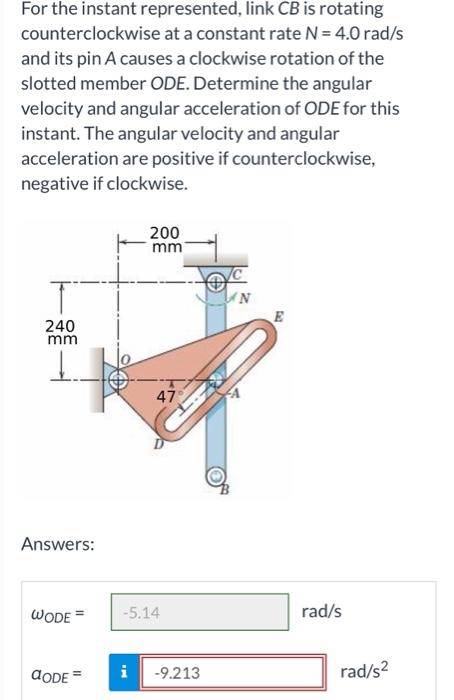 Solved For the instant represented, link CB is rotating | Chegg.com
