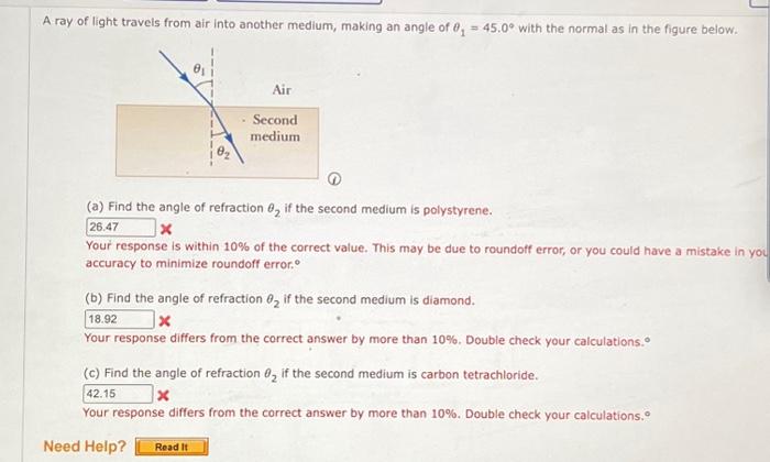 Solved A ray of light travels from air into another medium, | Chegg.com