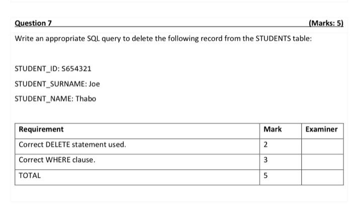 Solved Write an appropriate SQL query to delete the | Chegg.com