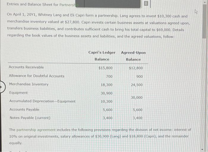 Solved On April 1,20Y1, Whitney Lang and Eli Capri form a | Chegg.com