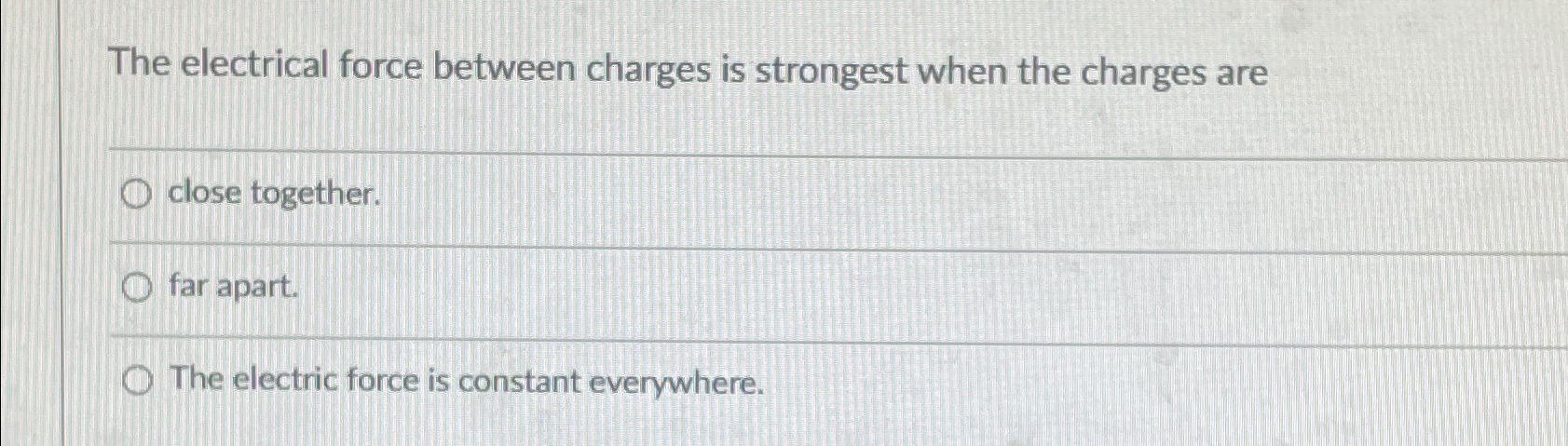 Solved The electrical force between charges is strongest | Chegg.com