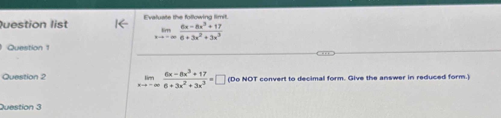Solved luestion listQuestion 1Question 2Duestion 3Evaluate | Chegg.com Solved luestion listQuestion 1Question 2Duestion 3Evaluate | Chegg.com