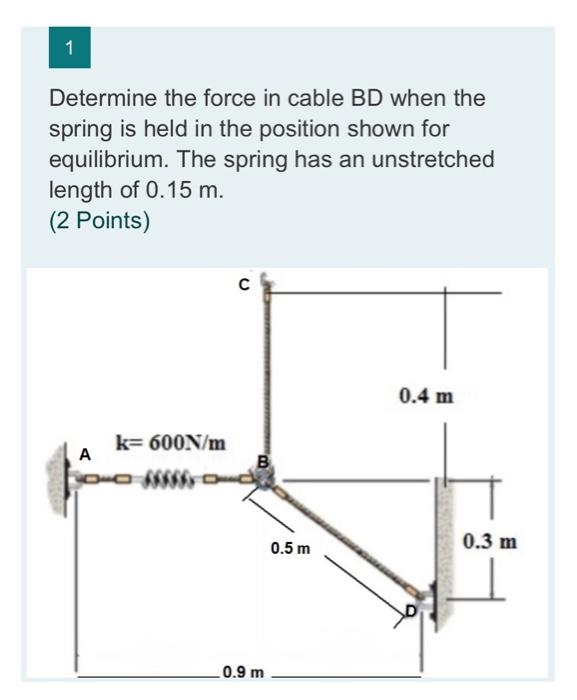Solved 1 Determine the force in cable BD when the spring is | Chegg.com