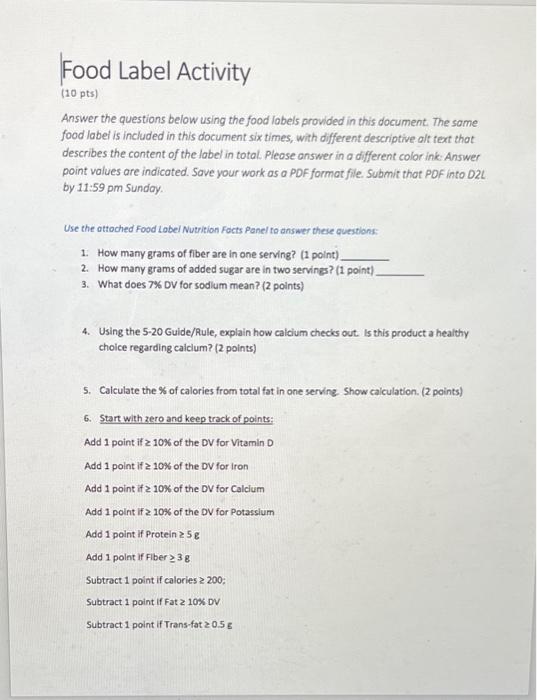Solved Food Label Activity (10 pts) Answer the questions | Chegg.com