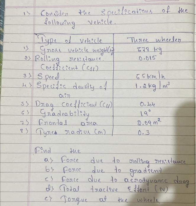 Solved Consider the specilications of the following vehicle. | Chegg.com