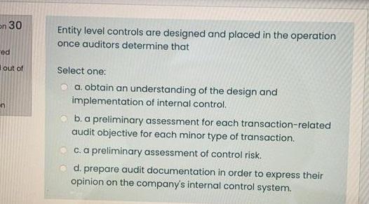 Solved on 30 Entity level controls are designed and placed | Chegg.com