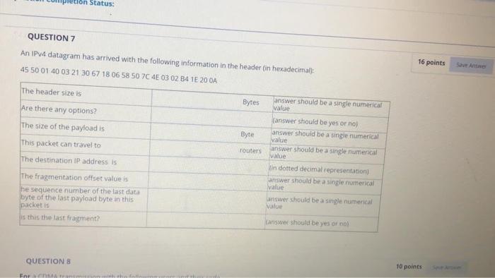 Solved on Status: 16 points QUESTION 7 An IPv4 datagram has | Chegg.com
