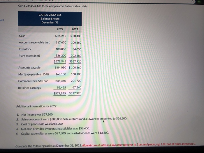 Solved Carla Vista Co. has these comparative balance sheet | Chegg.com