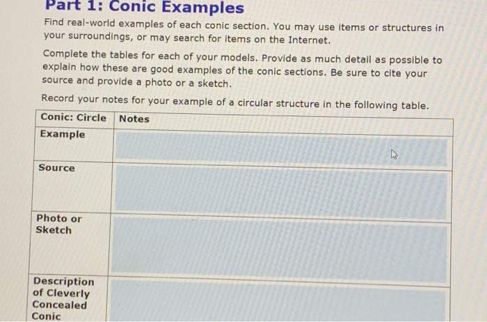 Solved Part 1: Conic Examples Find real-world examples of | Chegg.com
