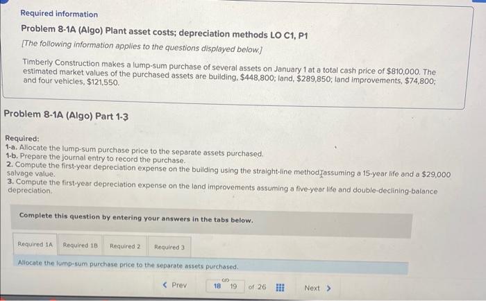 Required information Problem 8-1A (Algo) Plant asset | Chegg.com