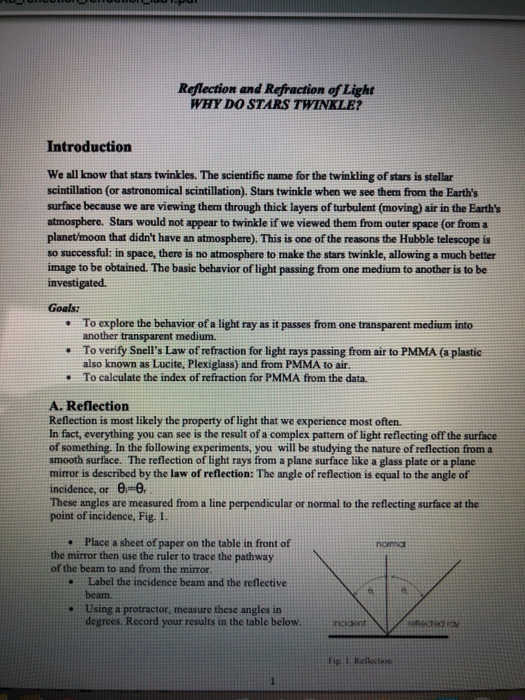 Solved Reflection and Refraction of Light WHY DO STARS | Chegg.com