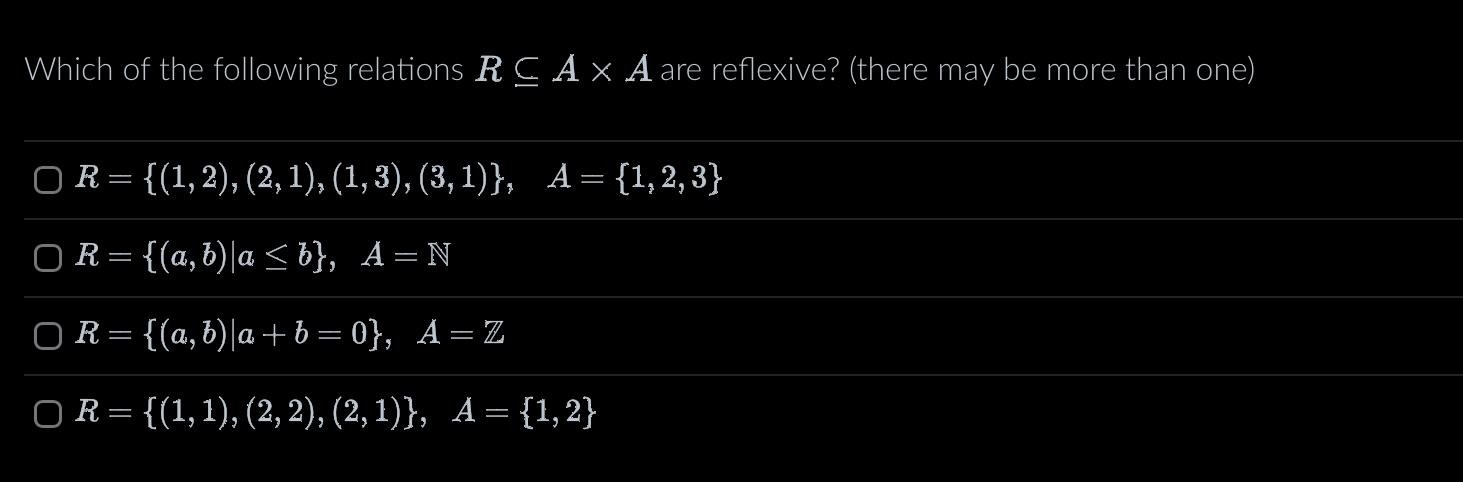 Solved Which of the following relations RsubeA×A are | Chegg.com