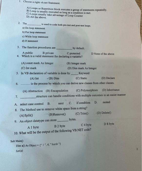 Solved 1. Choose a right vb.net Statement. A) Loops or | Chegg.com