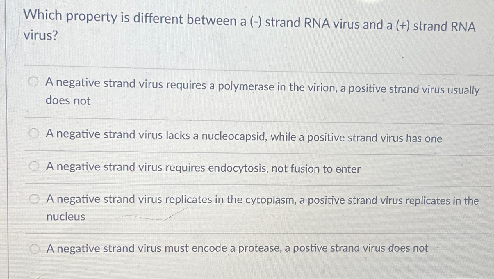 Solved Which property is different between a (-) ﻿strand RNA | Chegg.com