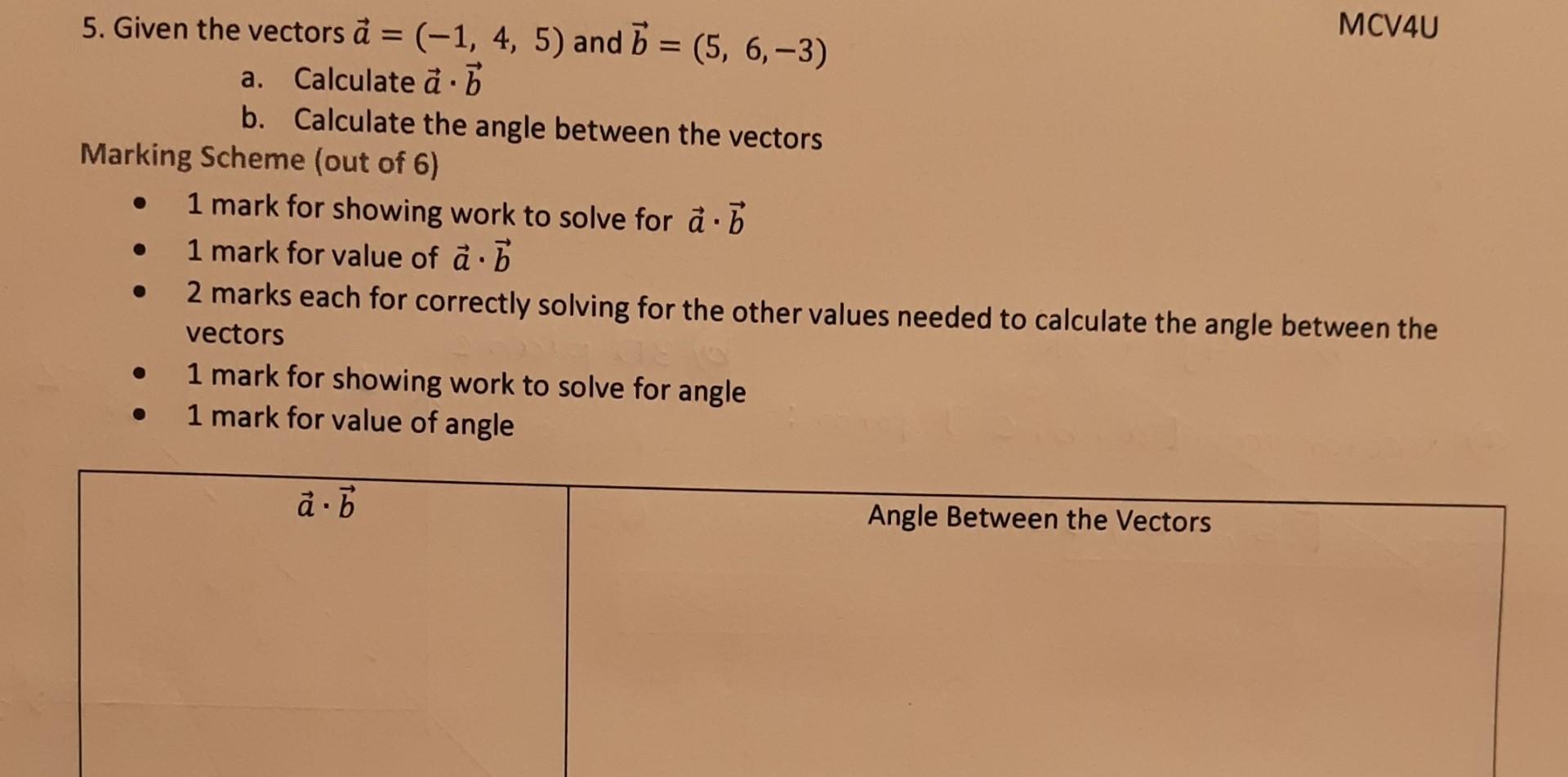 Solved 5. Given the vectors a=(−1,4,5) and b=(5,6,−3) MCV4U | Chegg.com