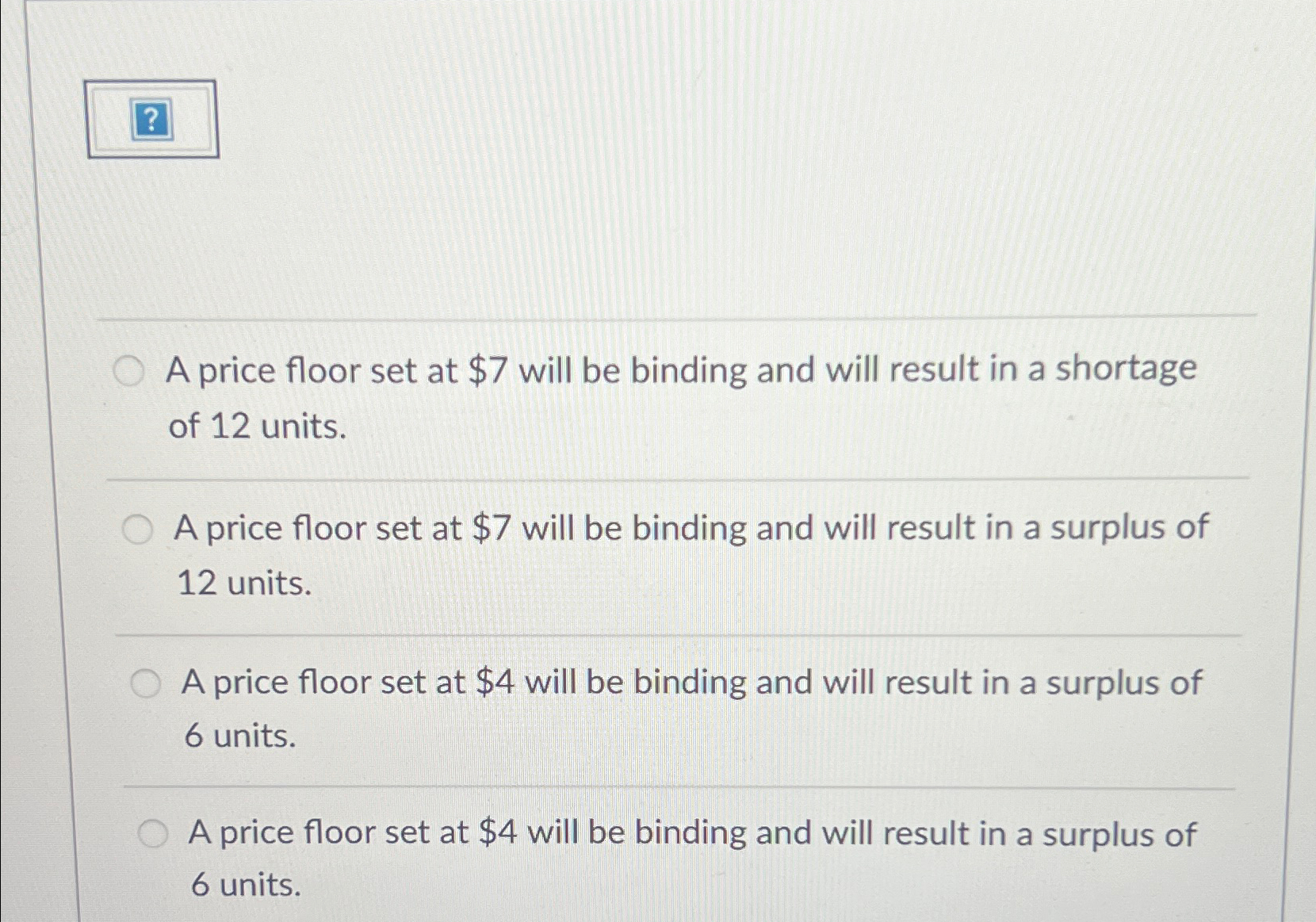 Solved A price floor set at $7 ﻿will be binding and will | Chegg.com