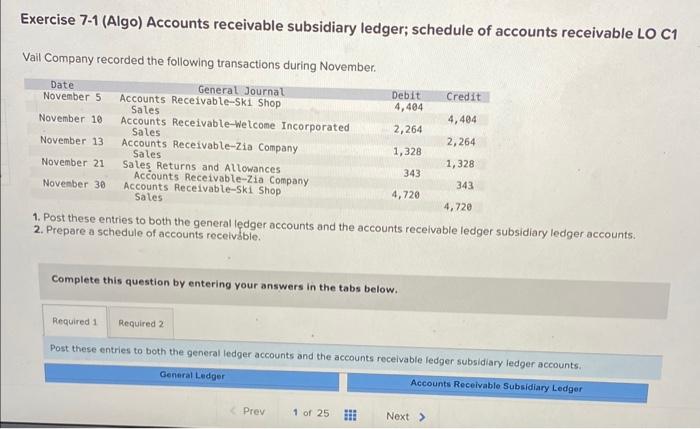 Solved Exercise 7-1 (Algo) Accounts receivable subsidiary | Chegg.com