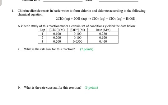 Solved 1. Chlorine dioxide reacts in basic water to form | Chegg.com