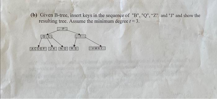 Solved (b) Given B-tree, insert keys in the sequence of "B", | Chegg.com