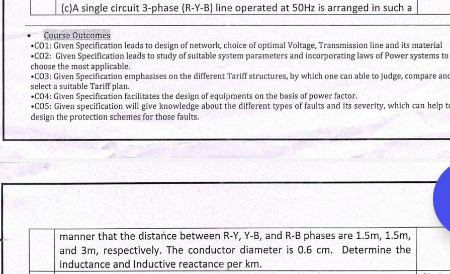 Solved (c)A single circuit 3-phase (R-Y-B) ﻿line operated at | Chegg.com